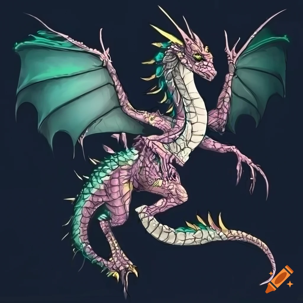Detailed side view illustration of a dragon with wings and four legs on ...