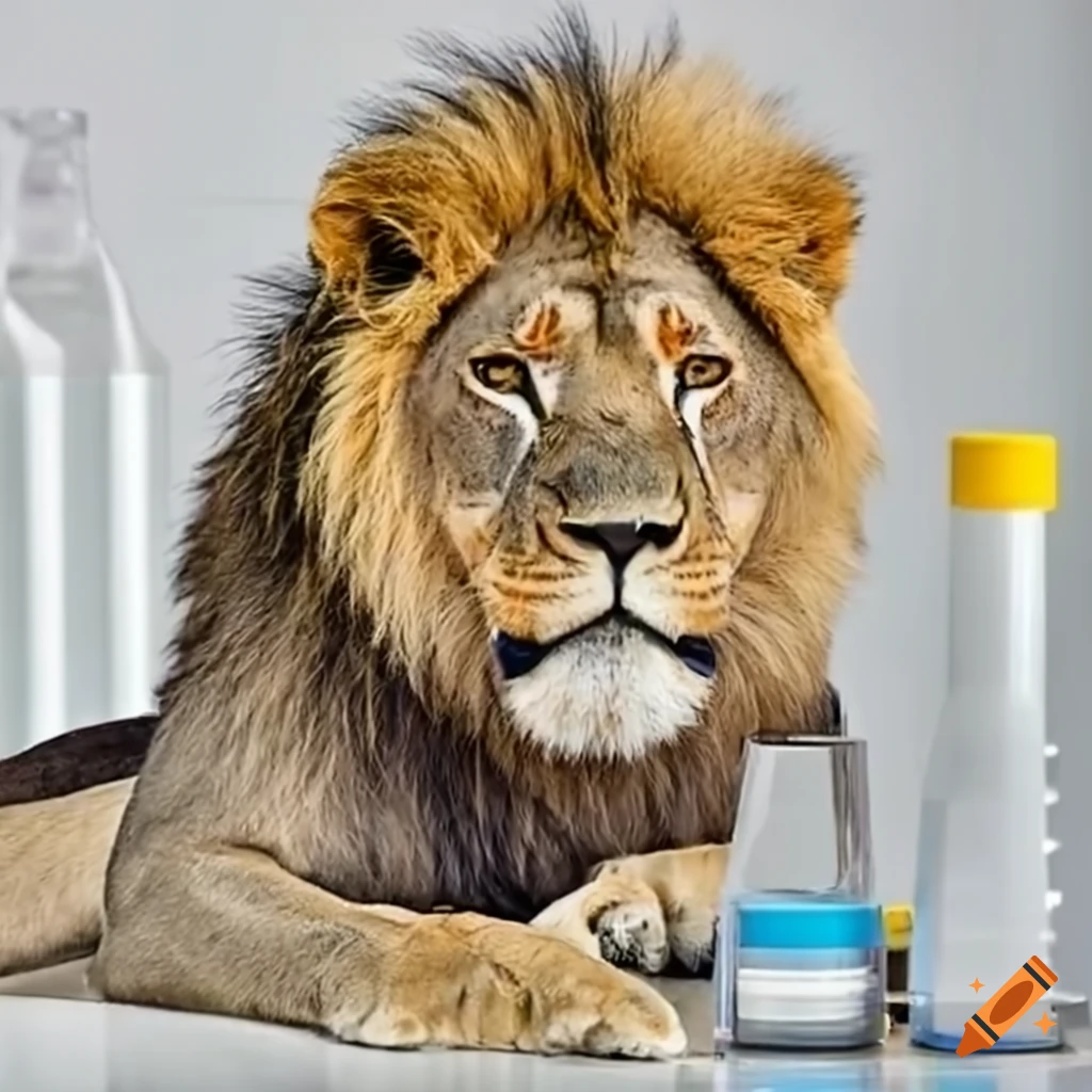 Funny lion mixing chemicals in a lab on Craiyon