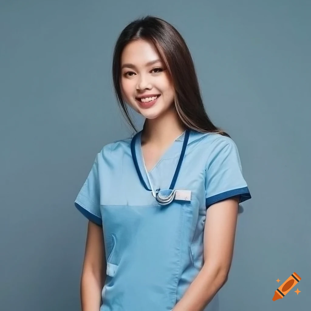 Filipino woman in light blue nursing scrubs uniform on Craiyon