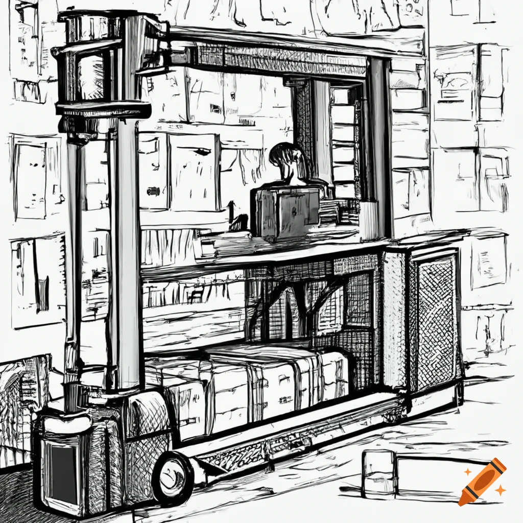 Detailed black and white drawing of an order picker at work on Craiyon