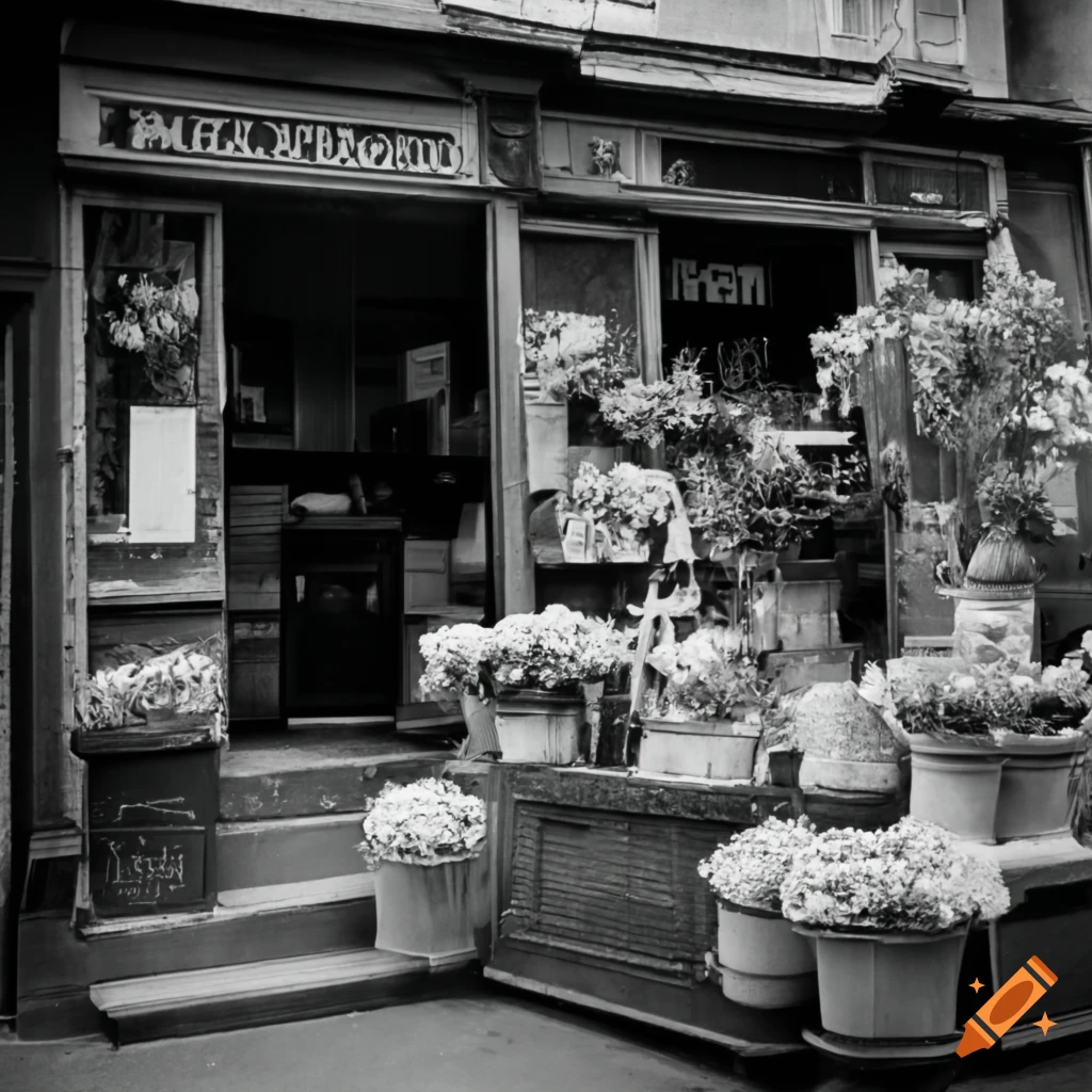 Front view of a 1960s flower shop on Craiyon