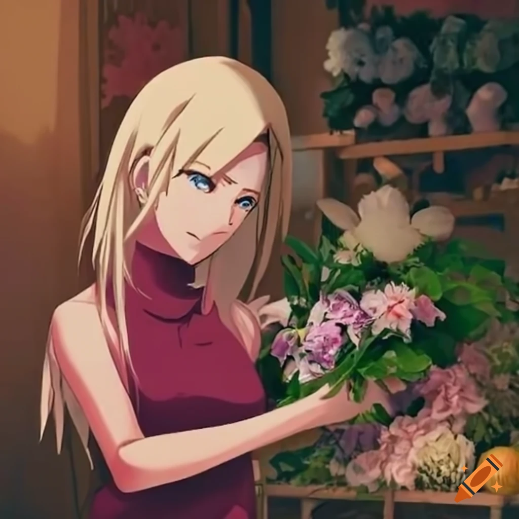 Ino Yamanaka arranging flowers in a flower shop on Craiyon