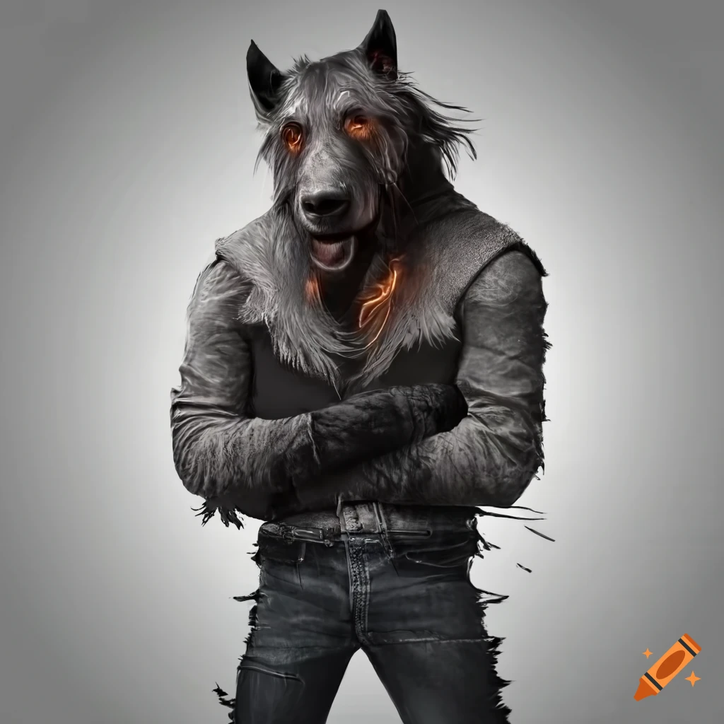 Art of a friendly grey and white hellhound welding a metal bat