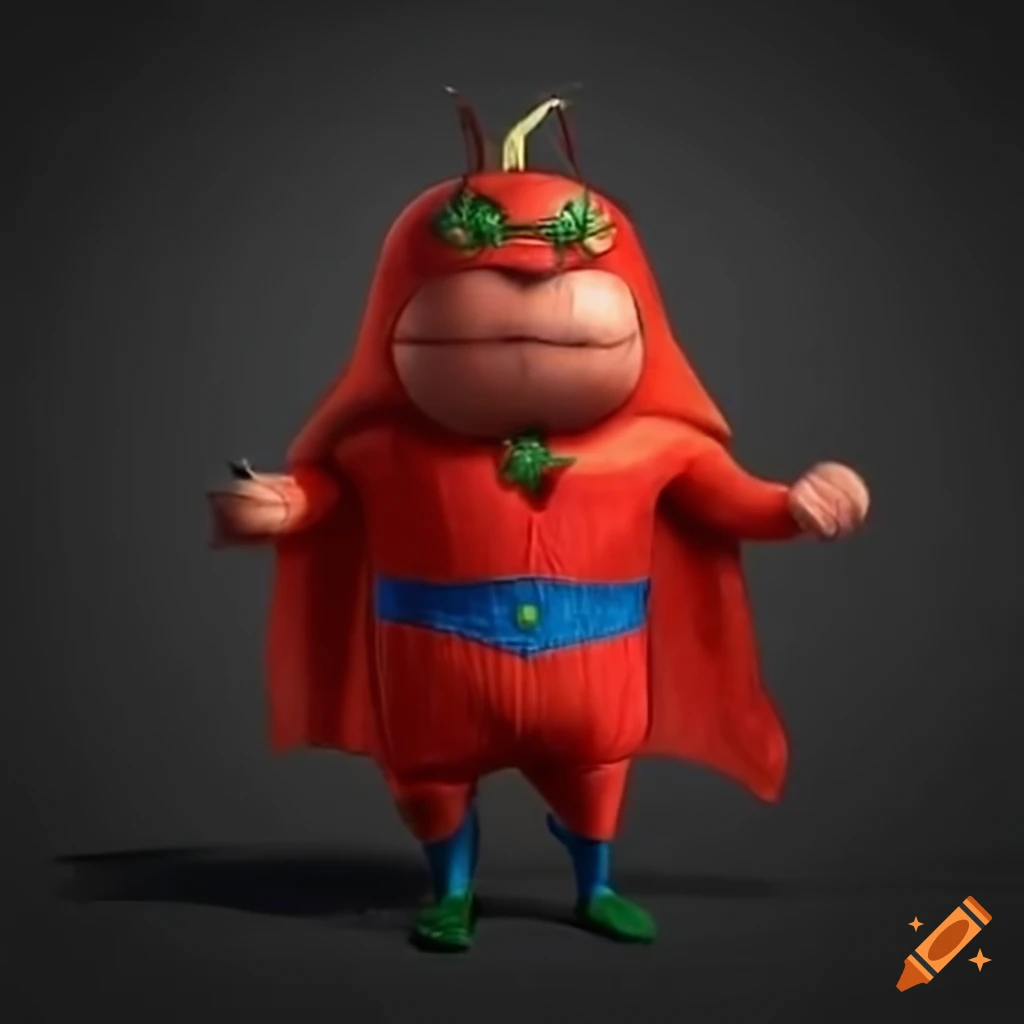 Tomato man wearing a superhero costume with a red cape and tomato ...
