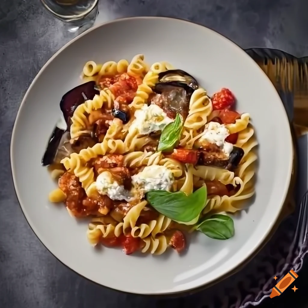 Delicious fusilli pasta with aubergine and ricotta cheese sauce on Craiyon