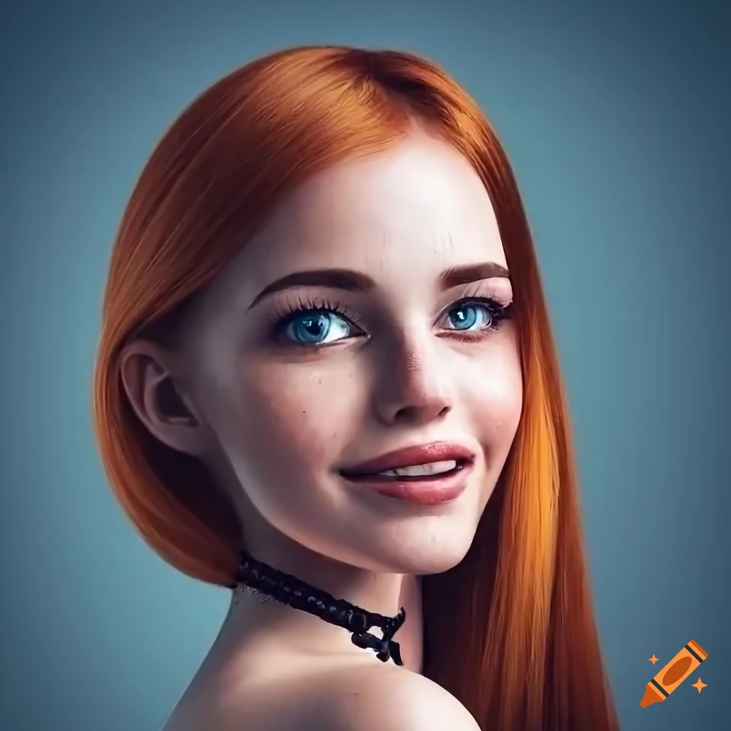 Portrait of a beautiful redhead woman with freckles and a shy smile on Craiyon