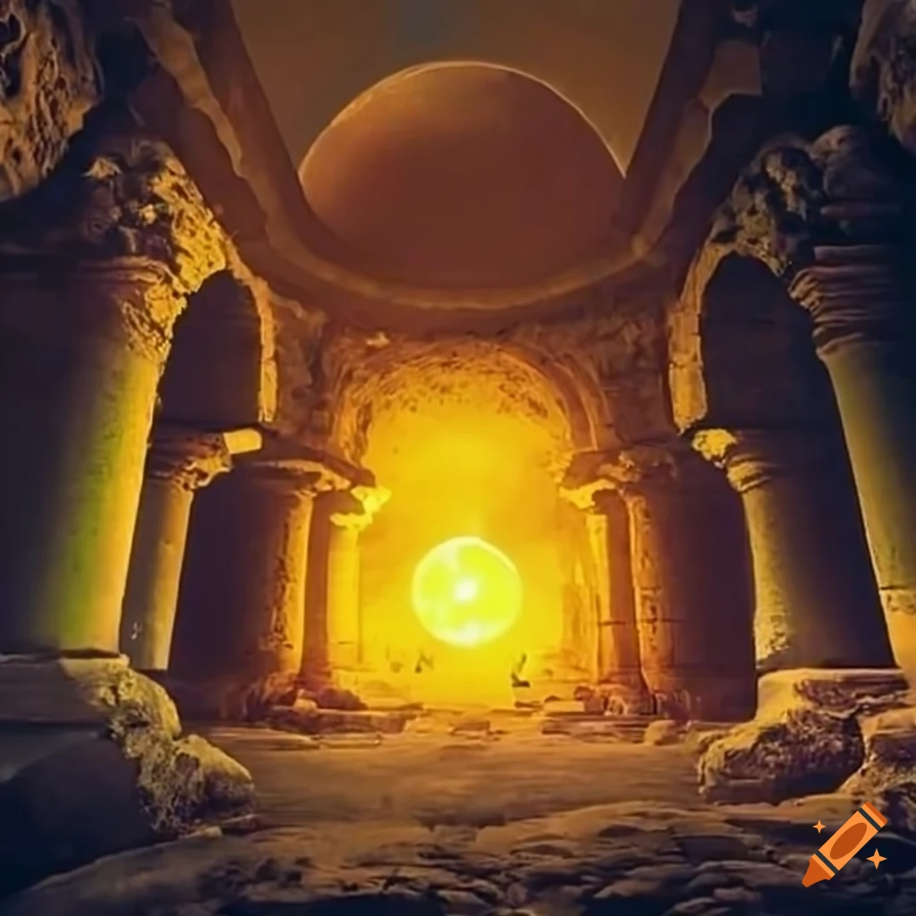 Image of glowing golden orbs in ancient ruins on Craiyon
