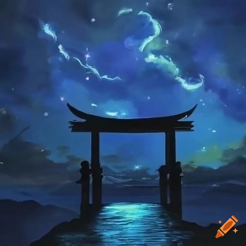 Japanese gates in the clouds at night on Craiyon