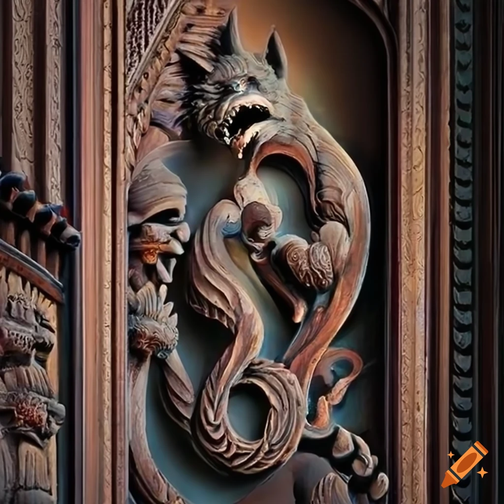 Detailed carving of a werewolf in architectural stave style on Craiyon