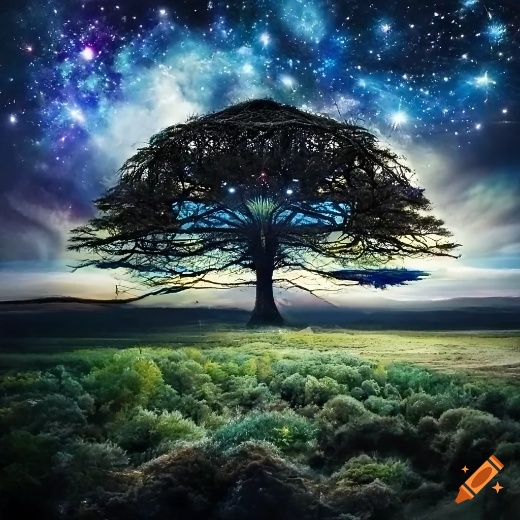 Surreal artwork of a cosmic tree on Craiyon