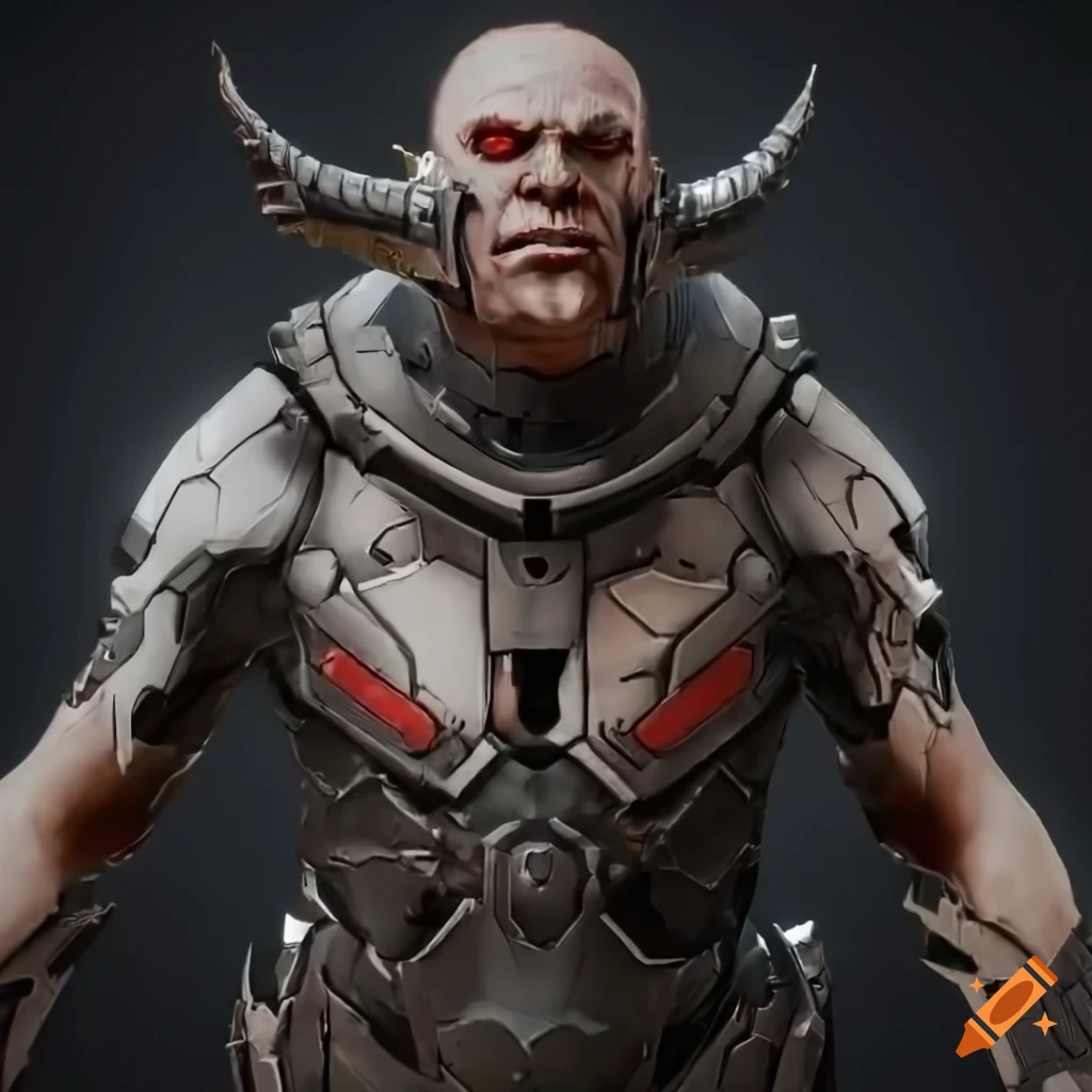 Portrait of a red-haired sci-fi elf ogre cyborg with black iron armor ...