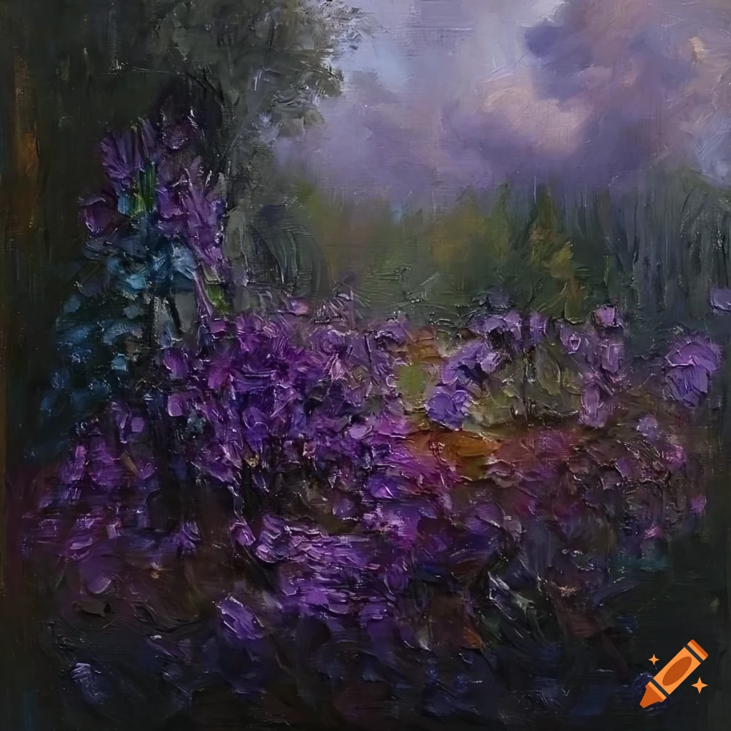Oil painting of a dark purple flower garden