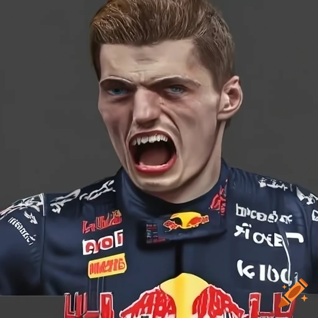 Image of Max Verstappen expressing his anger during a race on Craiyon