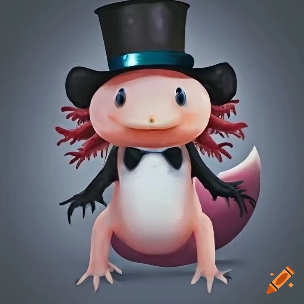Dapper axolotl wearing a tuxedo and top hat on Craiyon