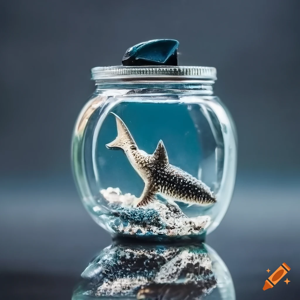 Product photo of a miniature shark in a jar on Craiyon
