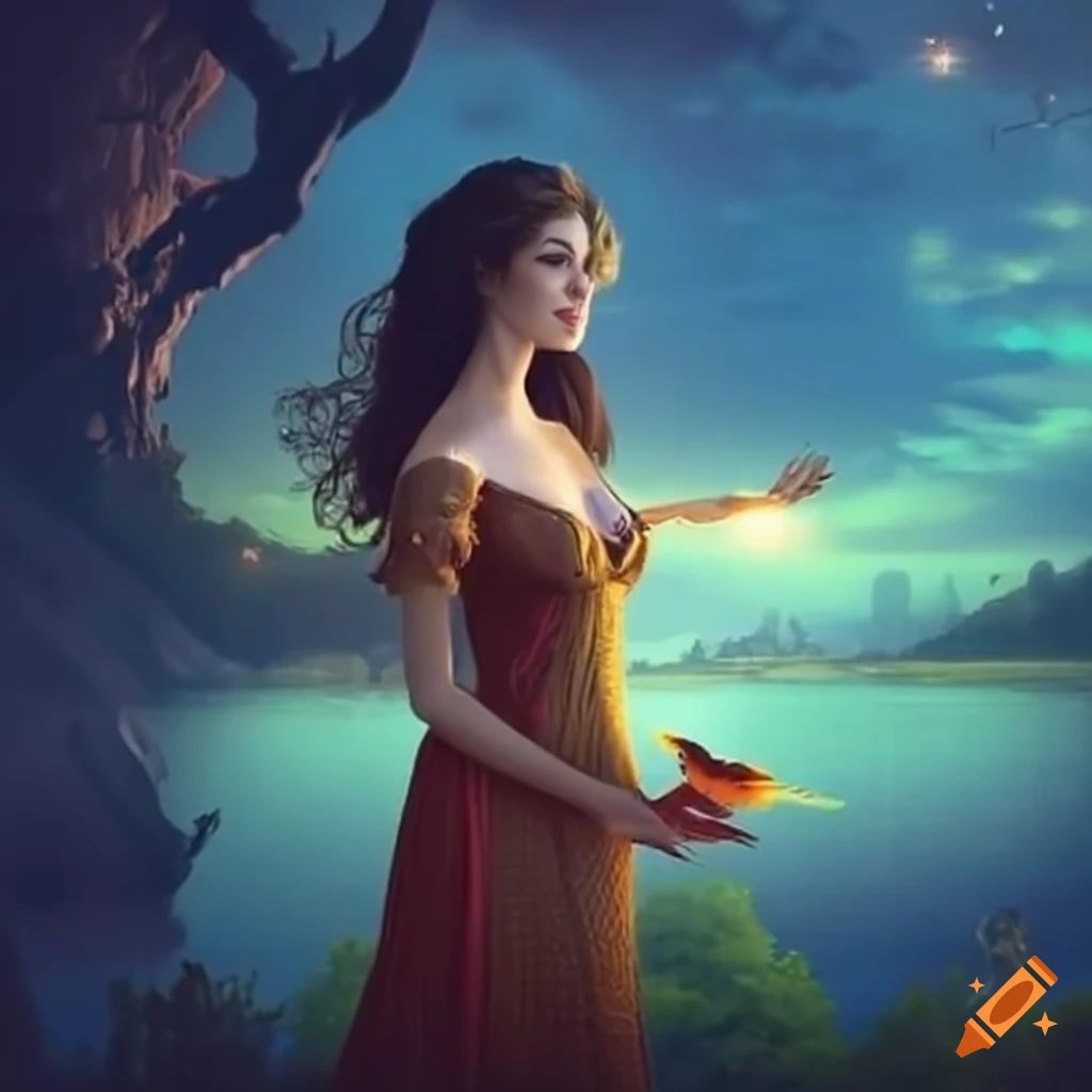 Woman holding a robin in a fantasy world at sunrise