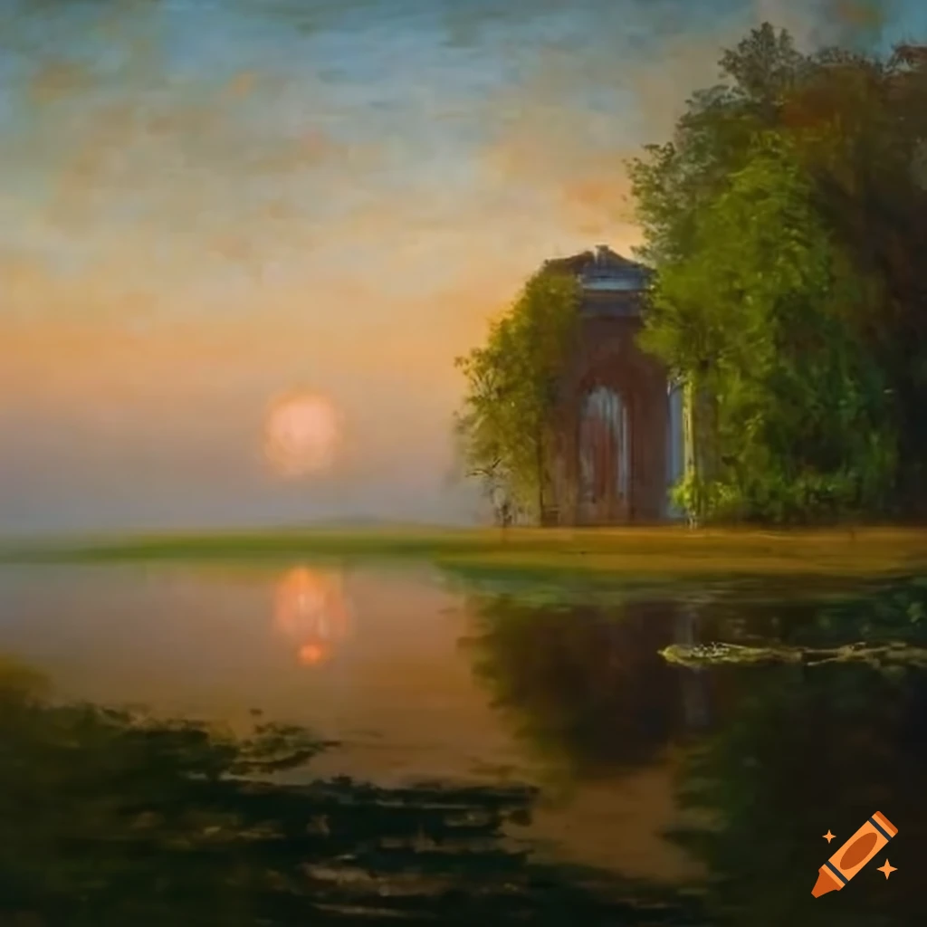 Monet-inspired painting of a balcony overlooking a watercourse at dawn ...
