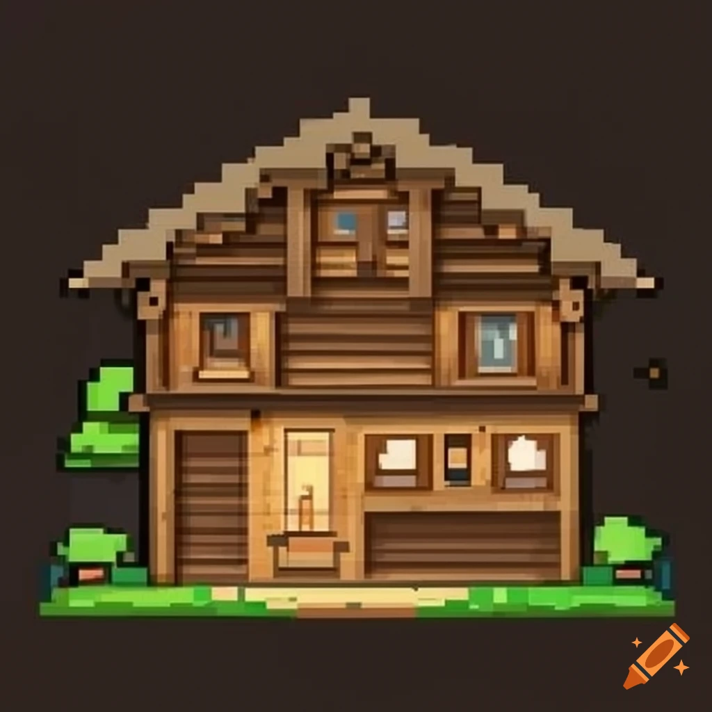 Front view of a pixel art wooden house on Craiyon
