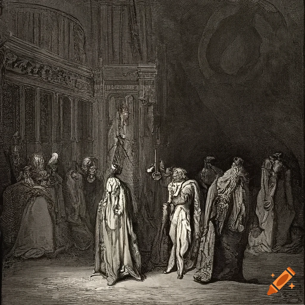Engraving of a noble man surrounded by bowing people