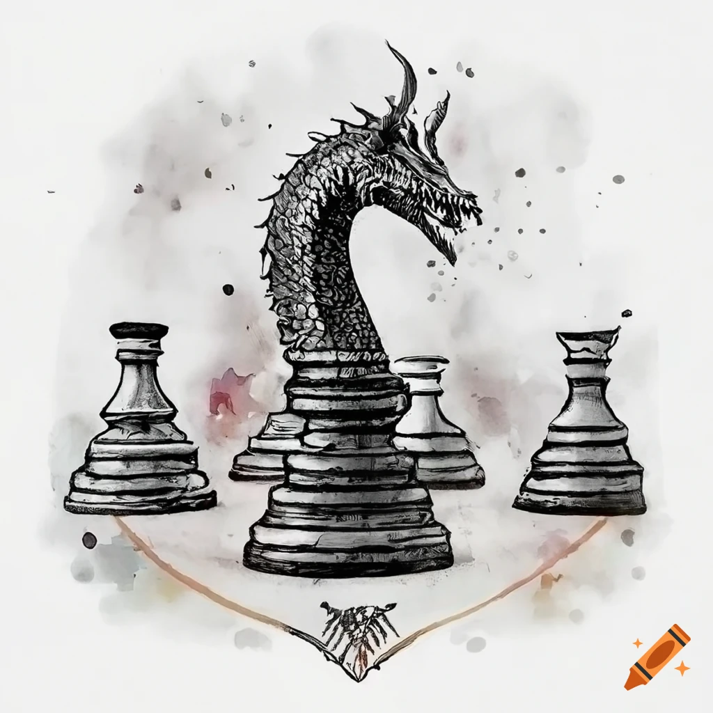 Black and white tarot card with dragons and chess pieces