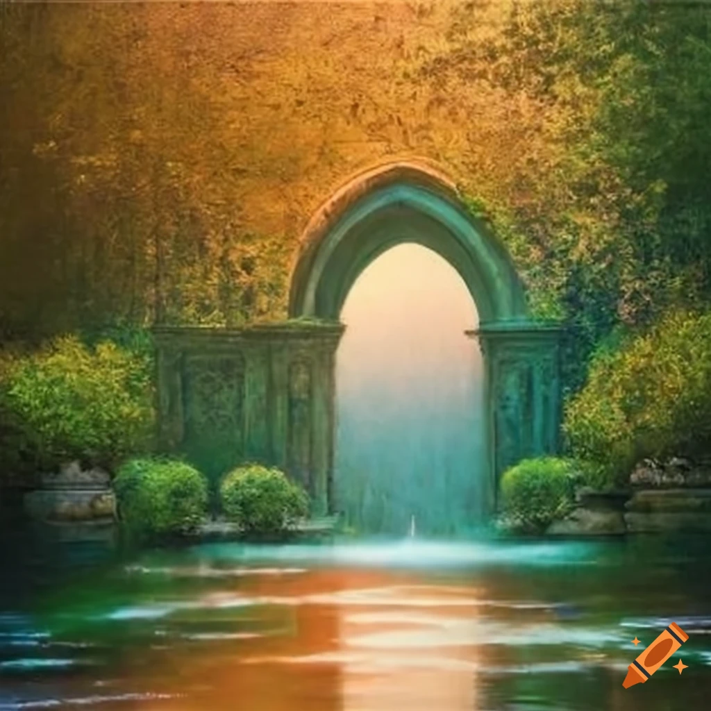 Monet-inspired garden painting with stone fountain and colorful flowers ...