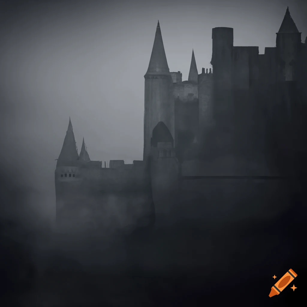 Monochrome abstract collage with medieval castle