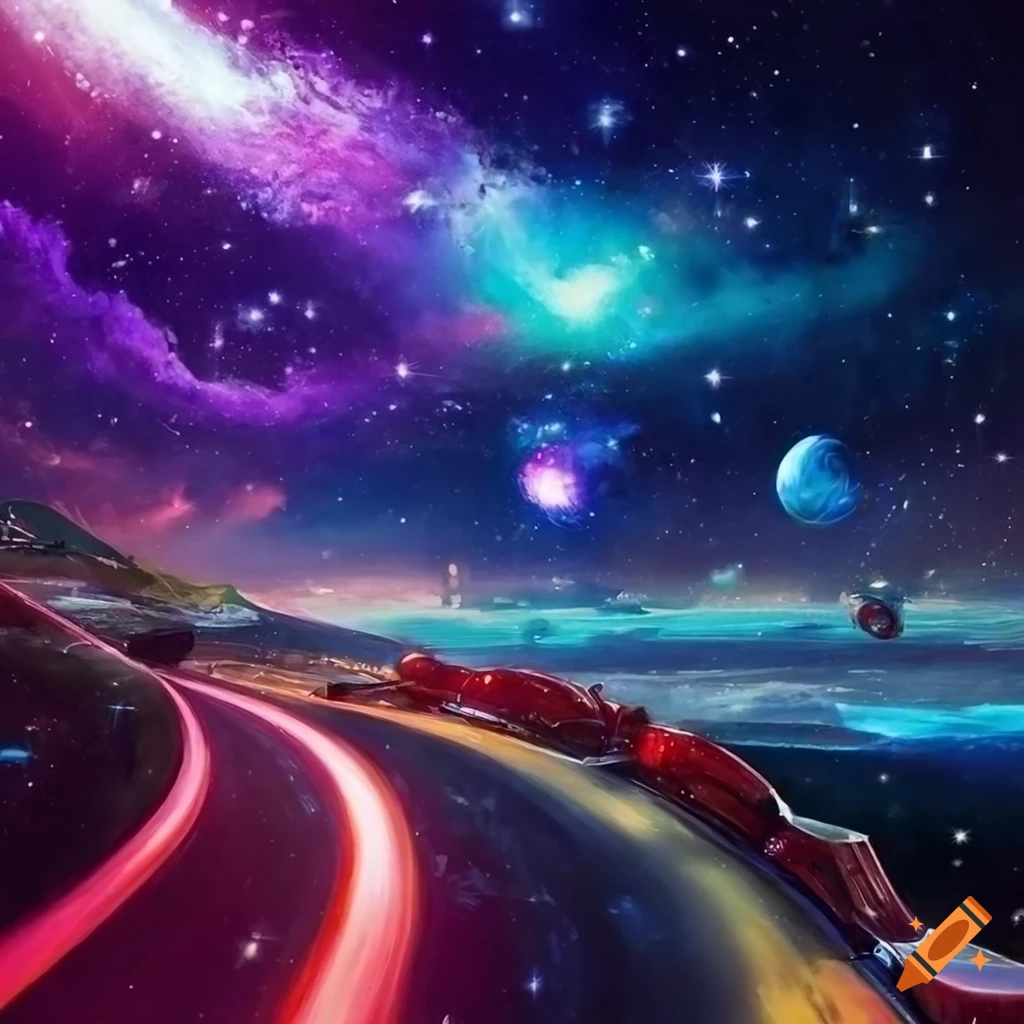 Hyper-detailed fantasy art of a mario kart track in space on Craiyon