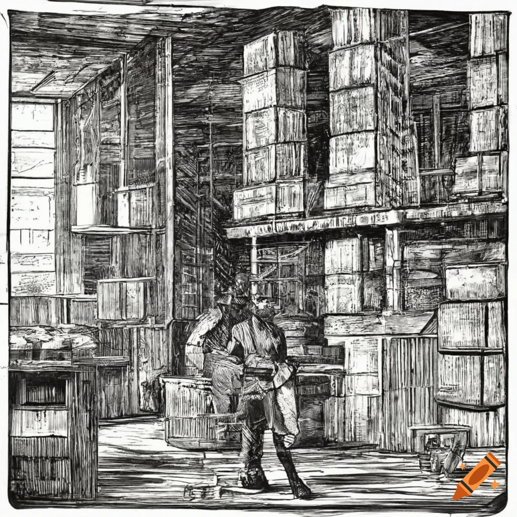 Detailed black and white drawing of a man working in a warehouse on Craiyon