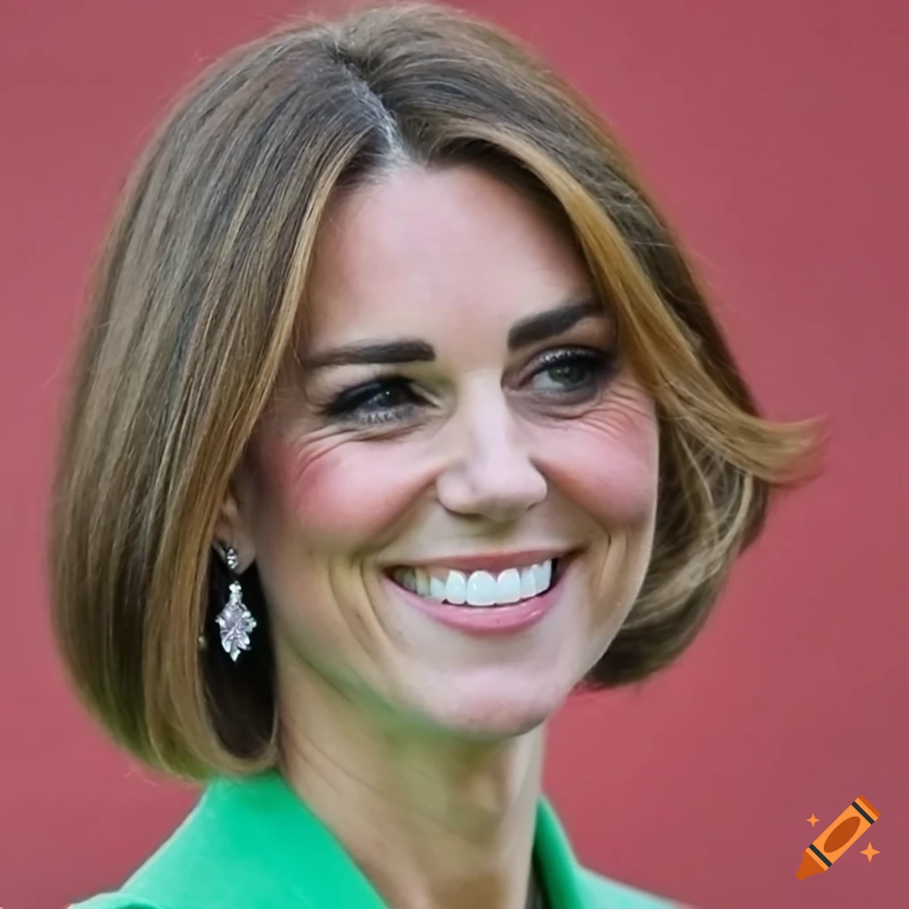 Kate Middleton with straight bob haircut and green t-shirt on Craiyon