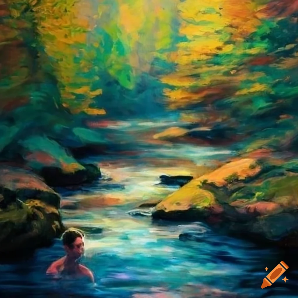 Neo-impressionist painting of a man bathing in a forest stream