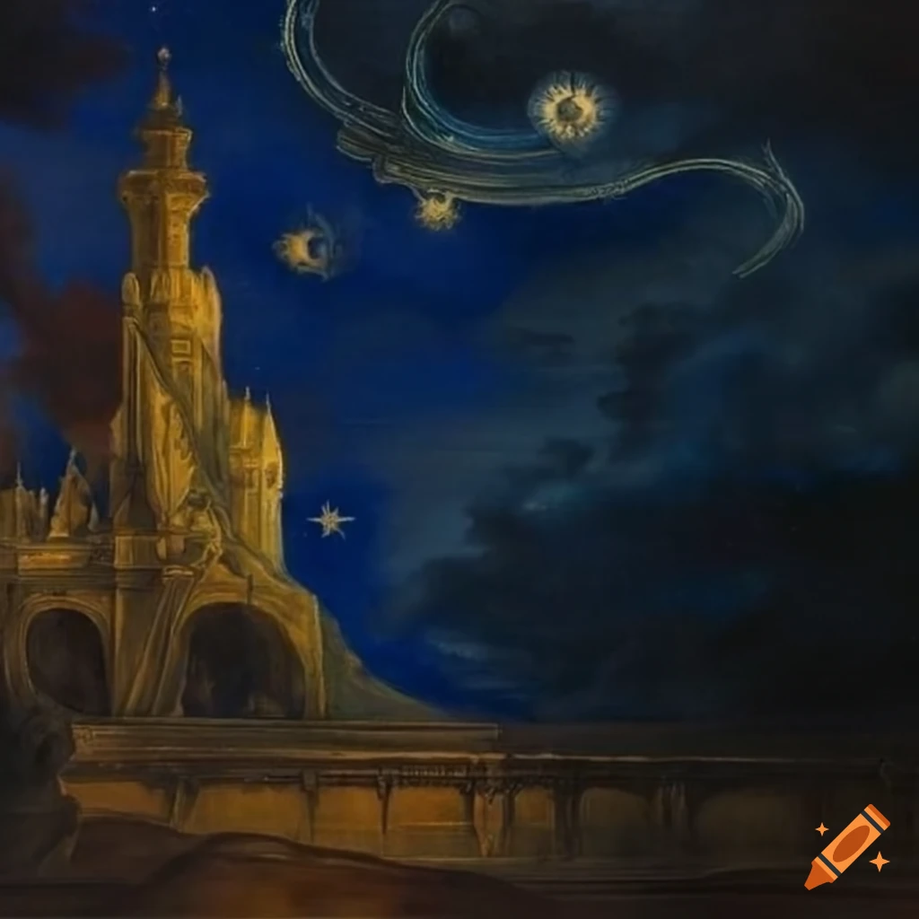 Renaissance-style painting of the night sky with celestial bodies on ...