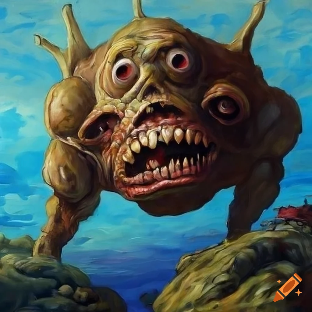 Oil painting of a monstrous creature with multiple faces on Craiyon