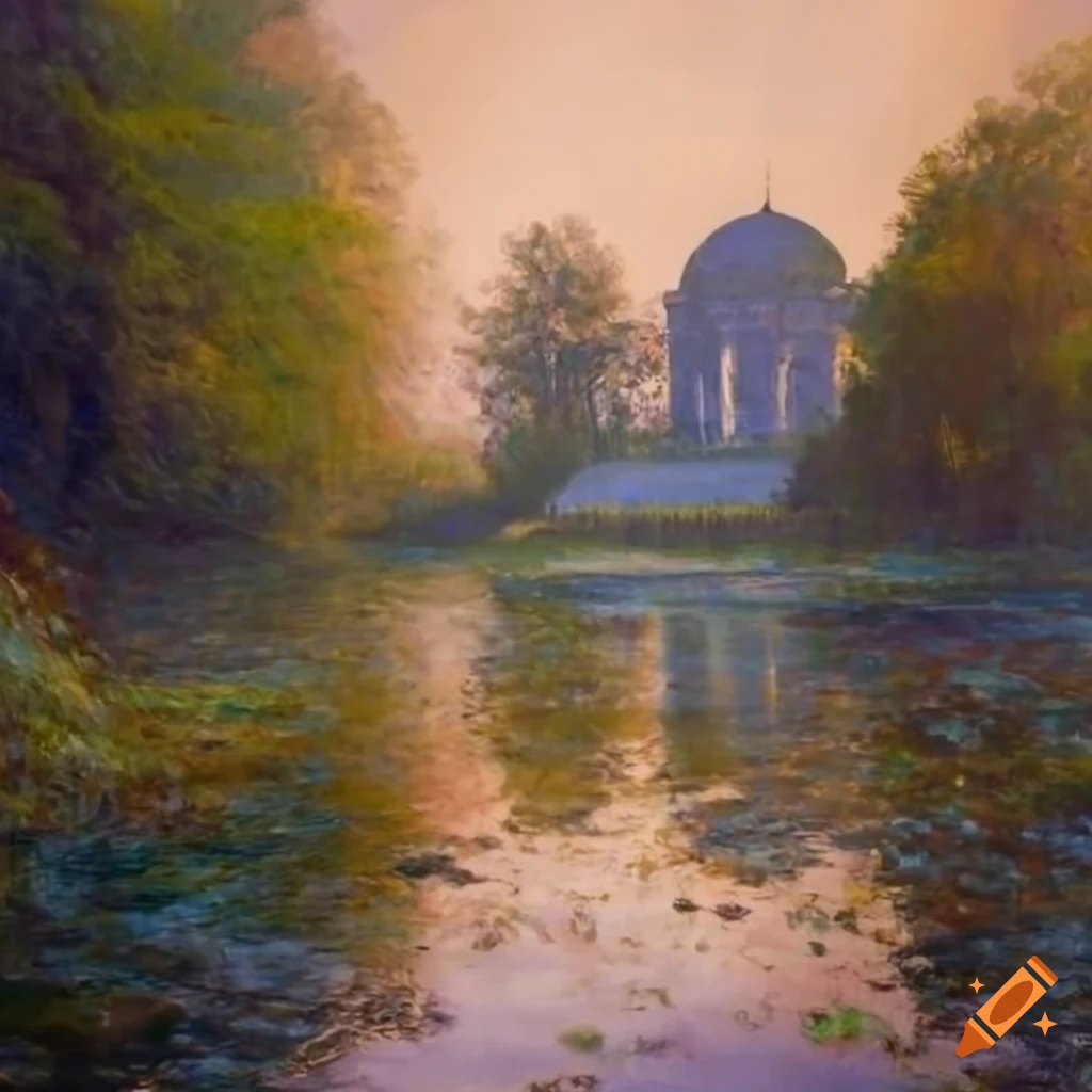 Painting of a watercourse, balcony, and mausoleum at dawn on Craiyon