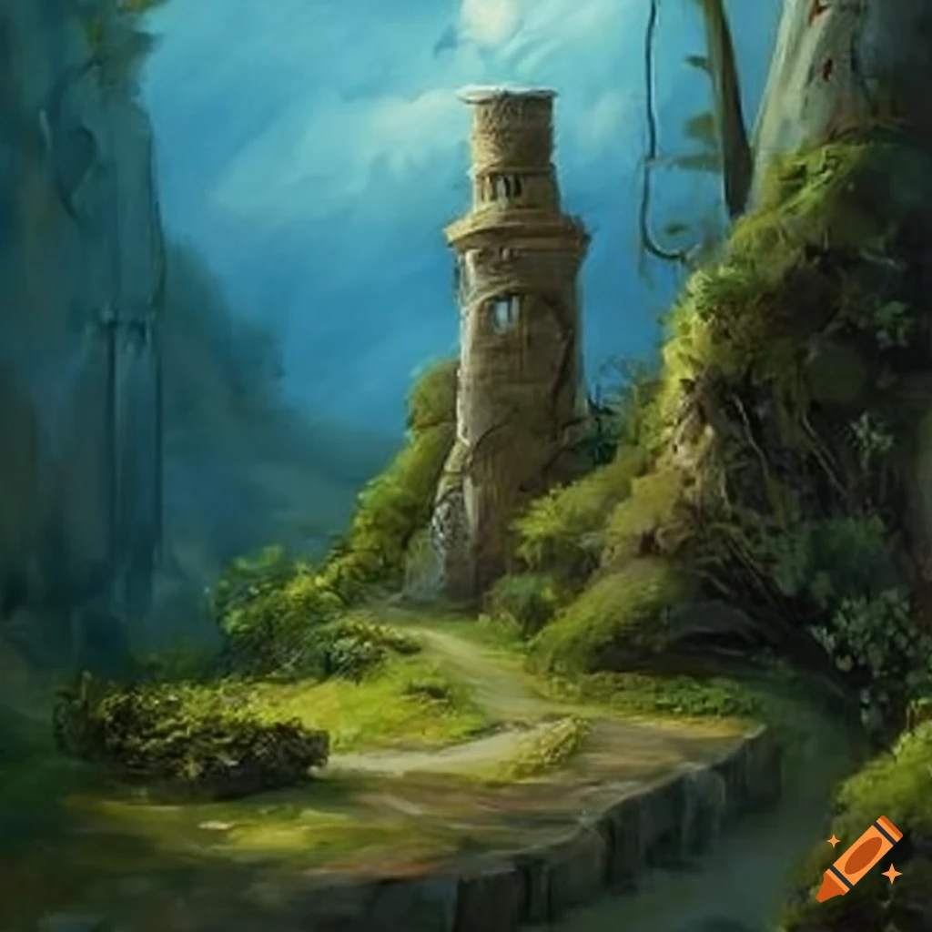 Oil painting of a magical wizard tower on a hill on Craiyon