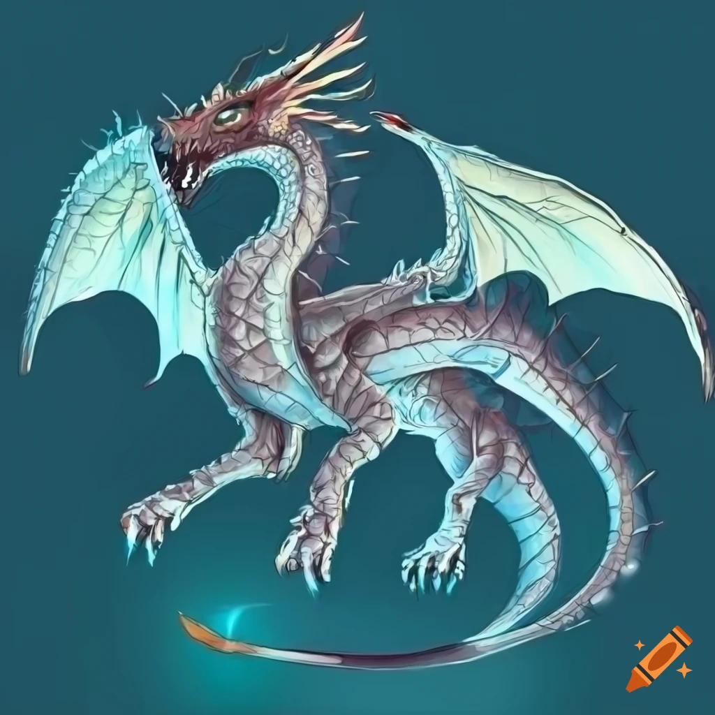 Detailed side view illustration of a dragon with wings and four legs on ...