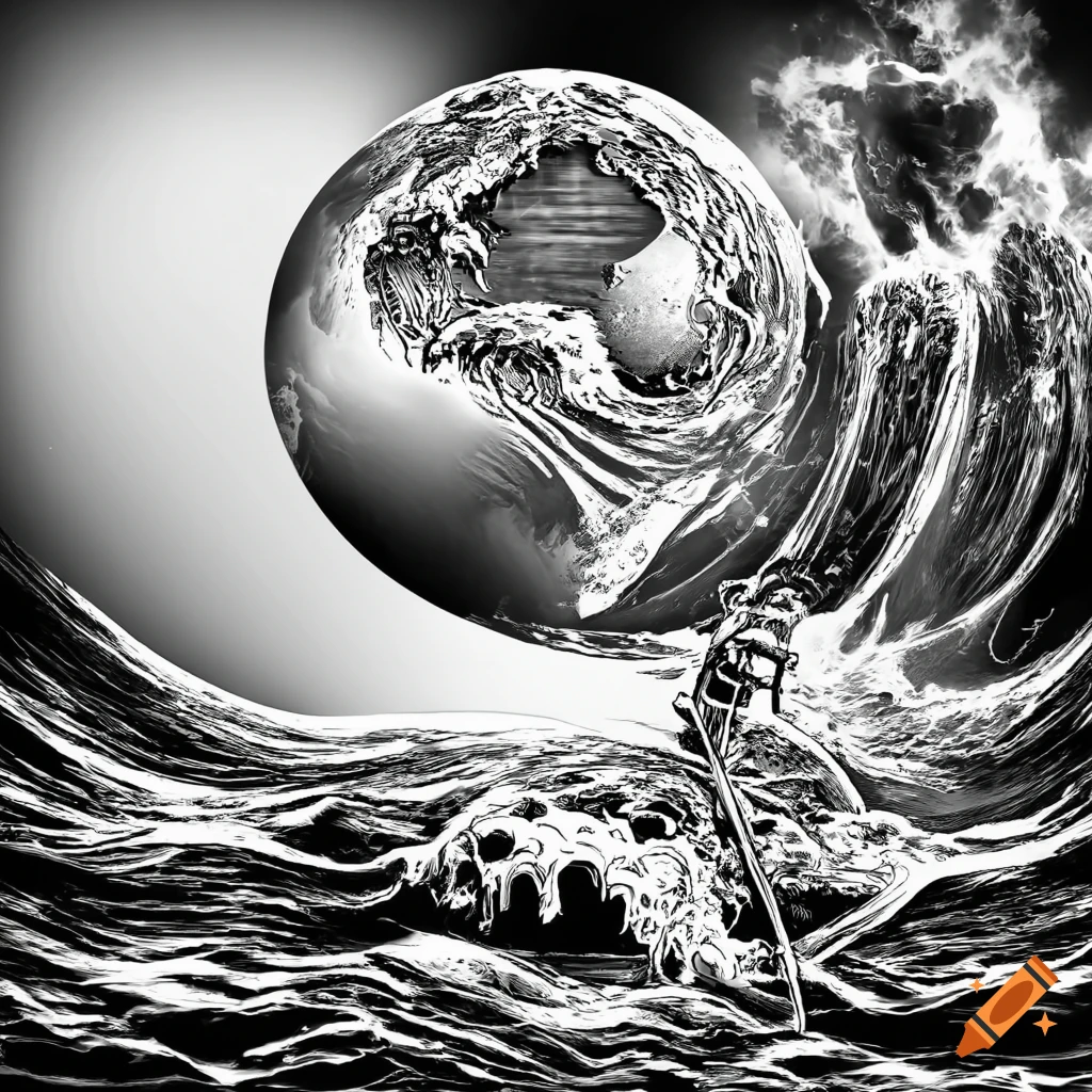 Skeleton riding a wave with Earth backdrop on Craiyon