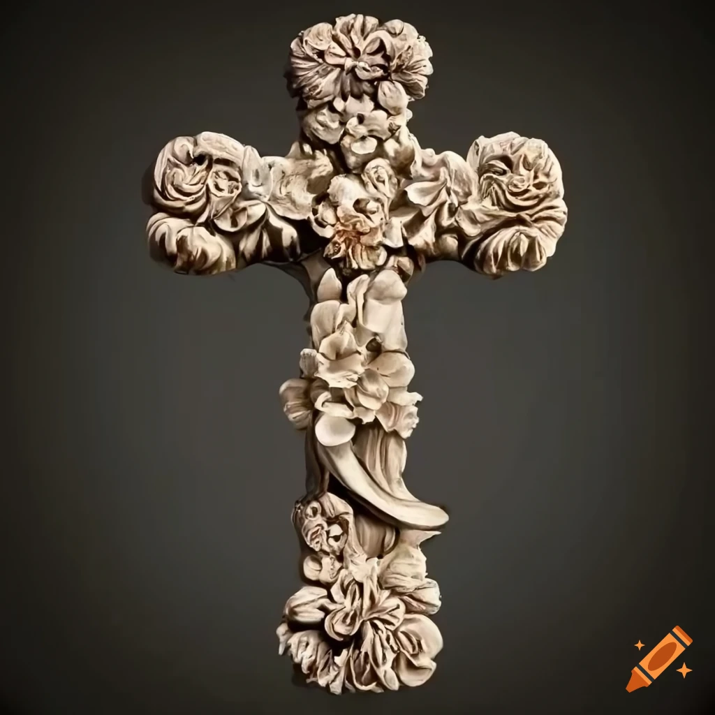 Stone carving of a Christian Cross with flowers on Craiyon