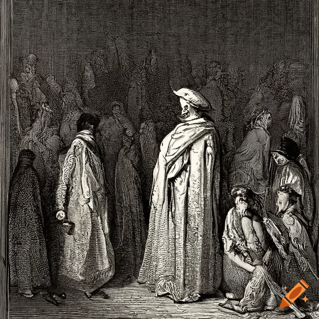 Engraving of a noble man surrounded by bowing people