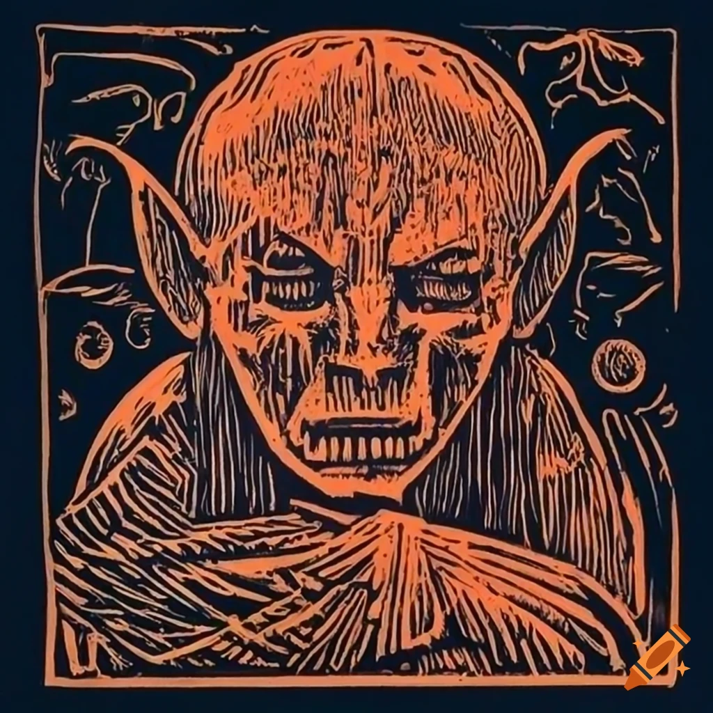 Linocut of nosferatu in white outline on Craiyon