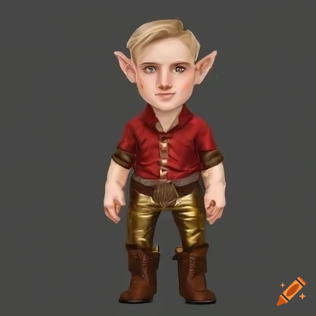 Illustration of a male halfling in red shirt and gold trousers on Craiyon