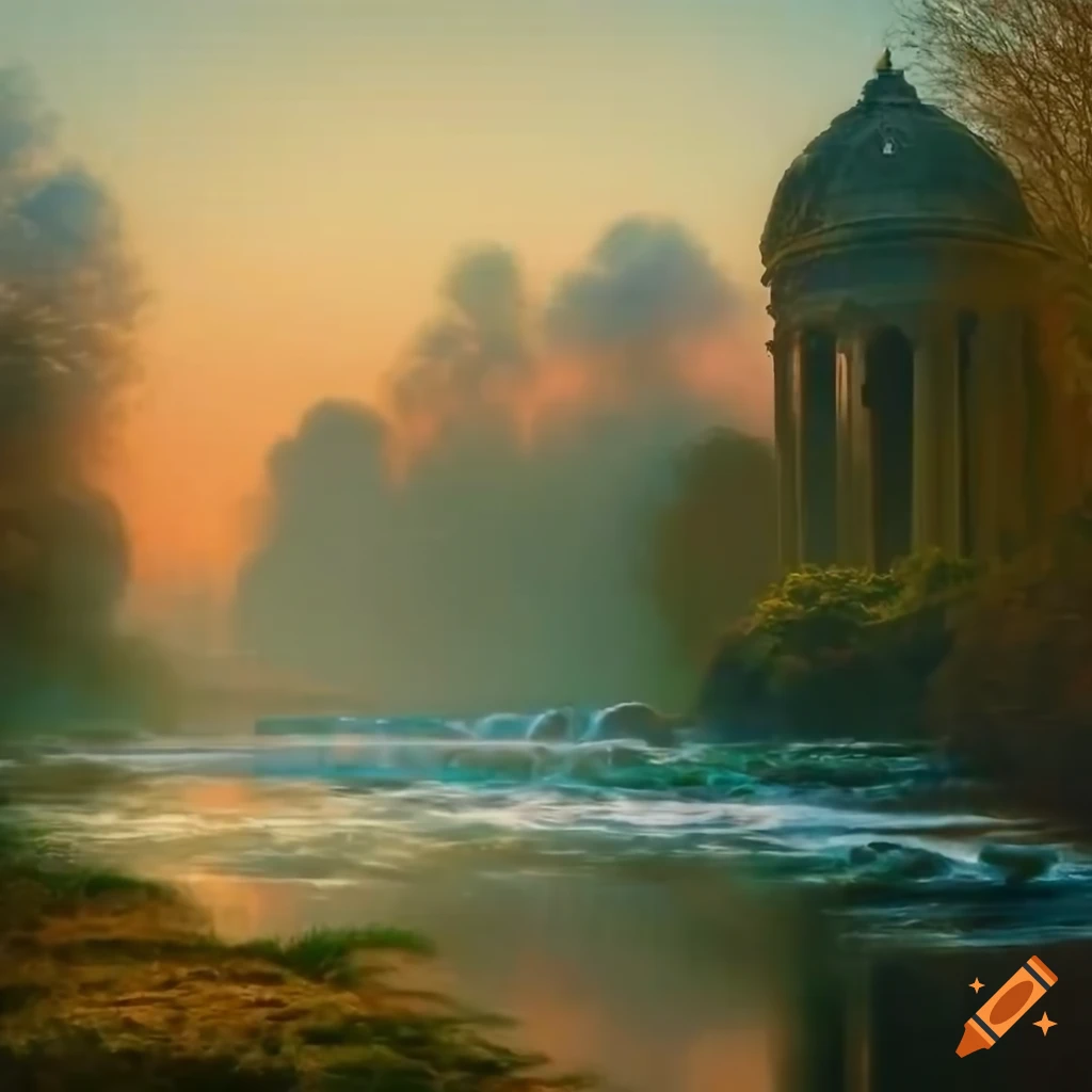 Baroque landscape painting with waterfall and meadow on Craiyon