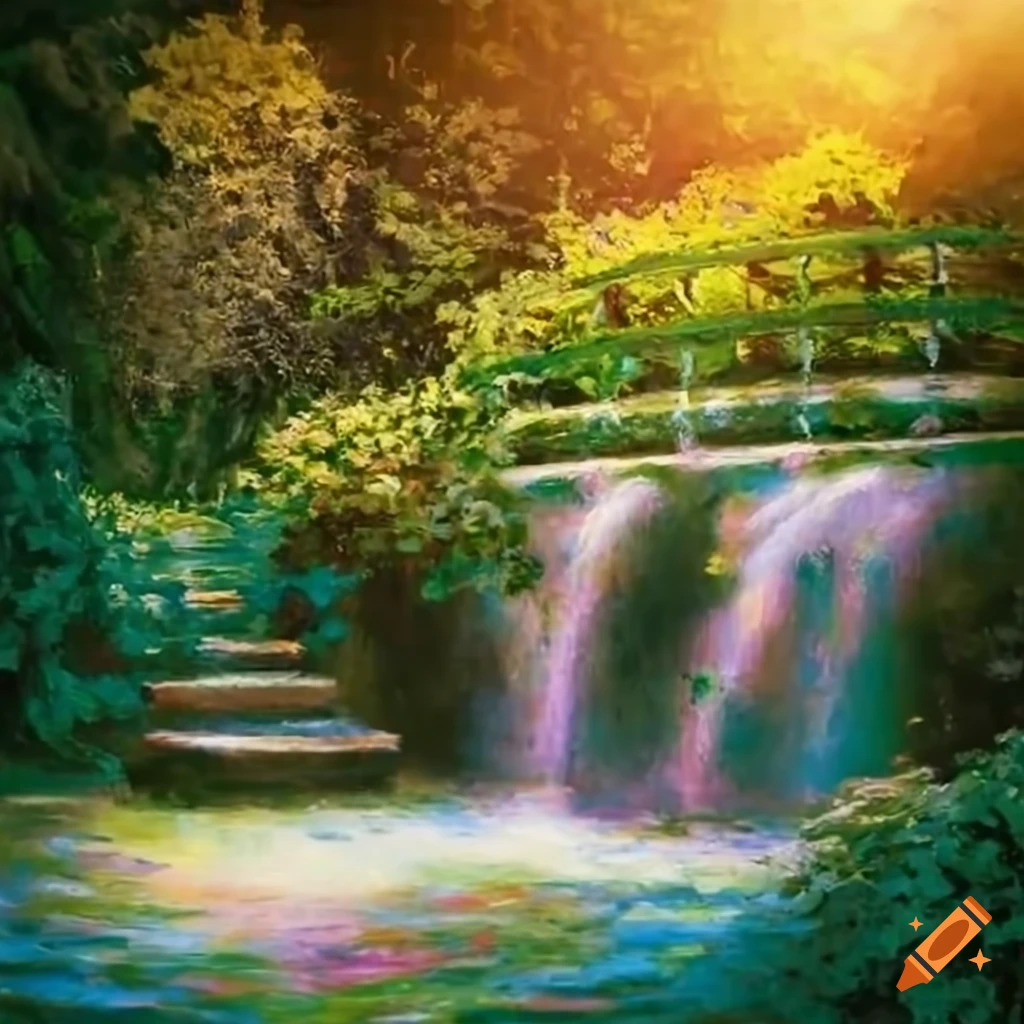 Monet-style garden landscape with watercourse and baroque elements