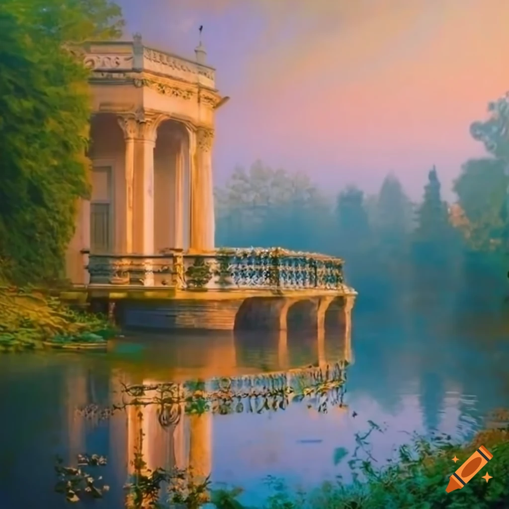 Monet-inspired landscape painting with a baroque balcony and a ...