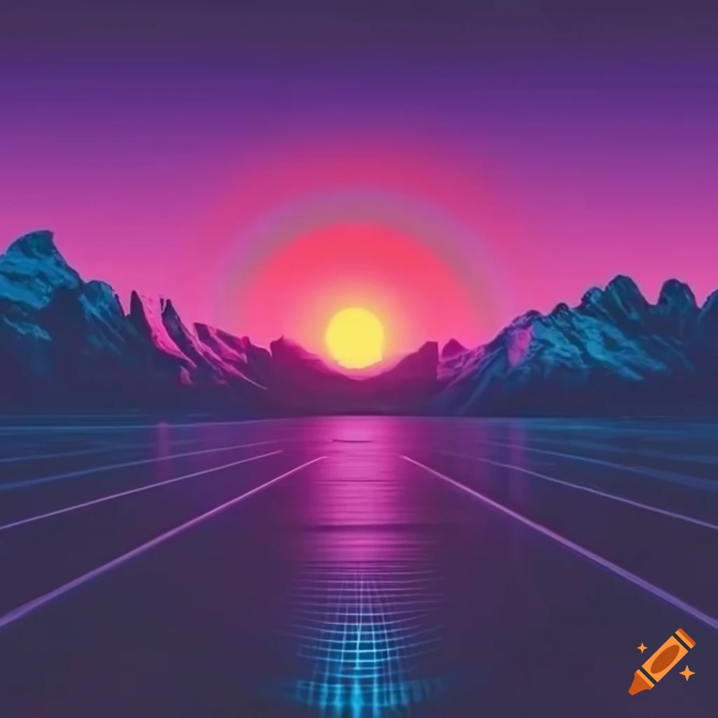 Synthwave hills at sunset for profile banner on Craiyon