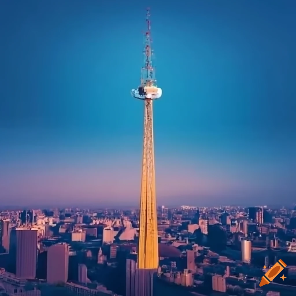 Aerial view of a city with a prominent radio tower on Craiyon
