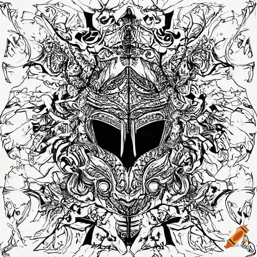 Intricate black and white line drawing of a dark souls knight with ...