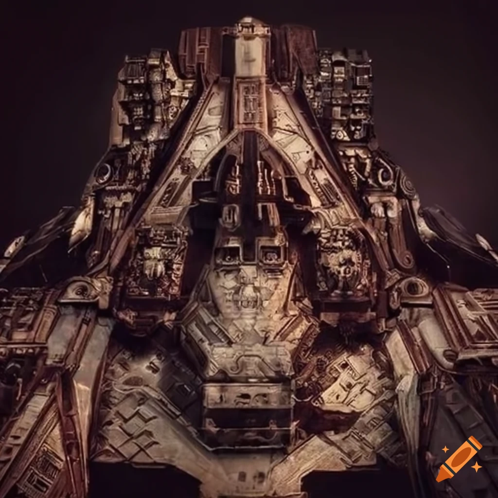 Retrofuturist scifi space battle cruiser with Aztec inspired design on ...
