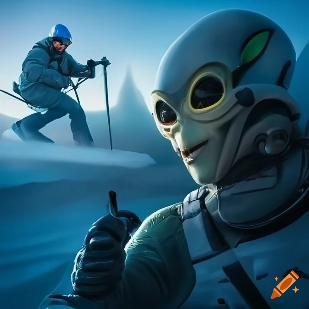 Detailed artwork of an alien skiing on ice on Craiyon