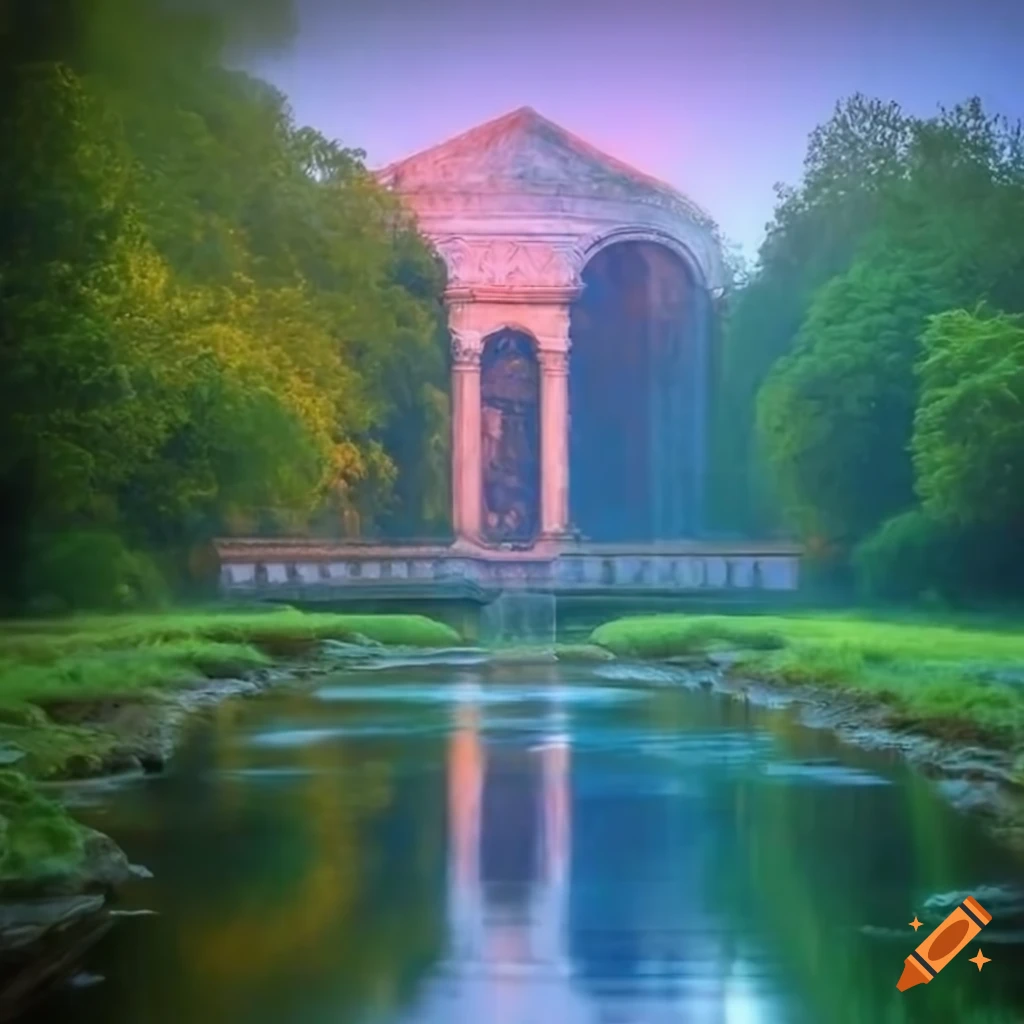 Monet's painting of a baroque balcony and stone fountain at dawn on Craiyon