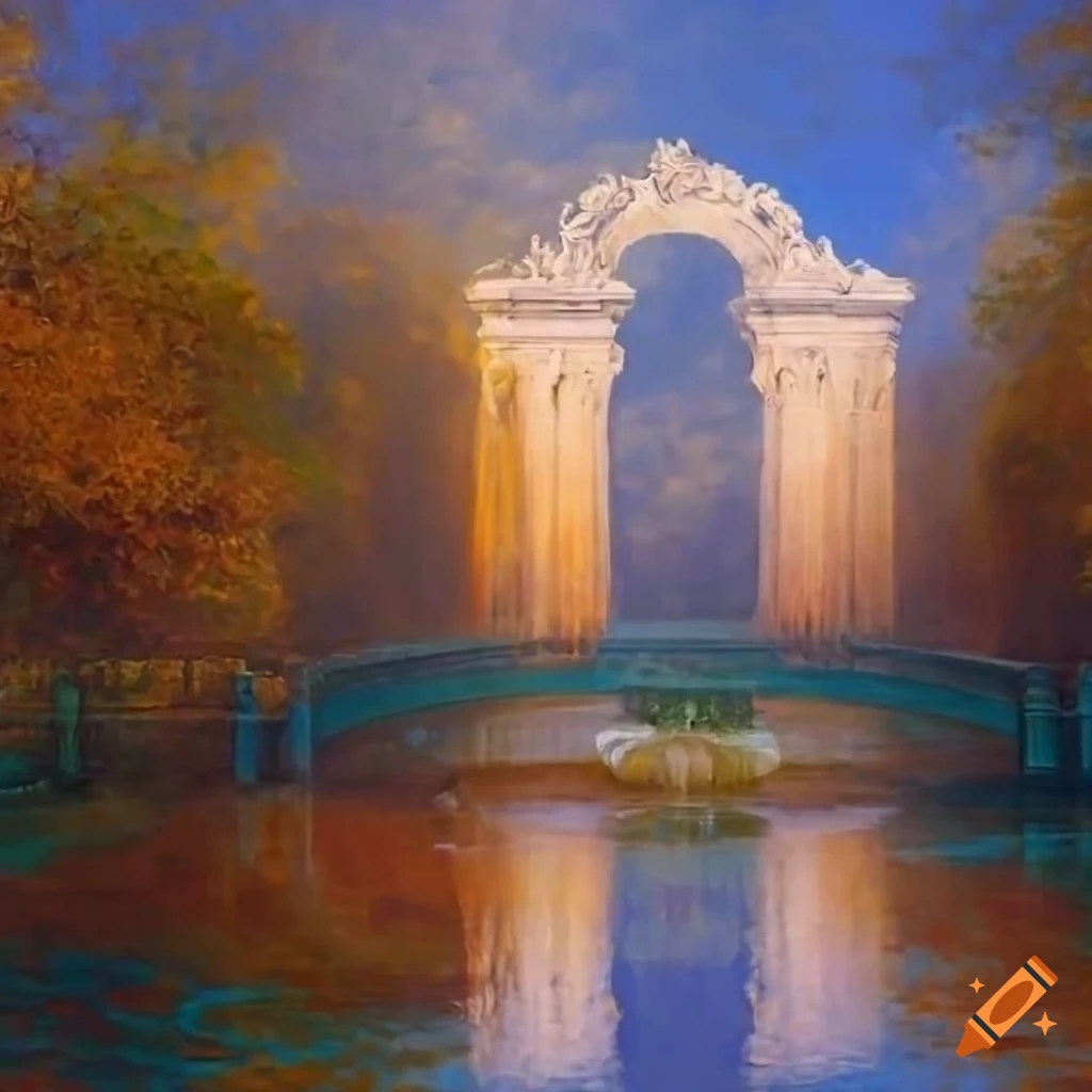 Monet's landscape painting with a baroque balcony and a stone fountain ...